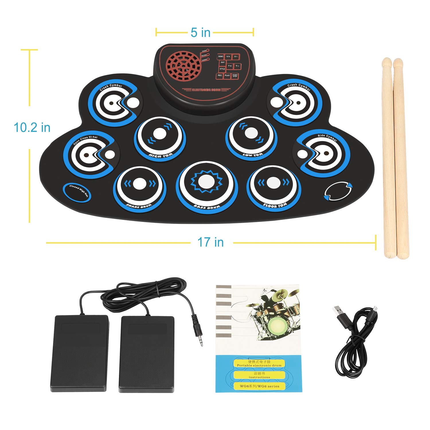 Electronic Drum Set Kids Foldable Practice Drum Pad Rechargeable Drum Kit, Built in Speakers Foot Pedals,Drum Sticks, Birthday Gift for Beginners (Blue)