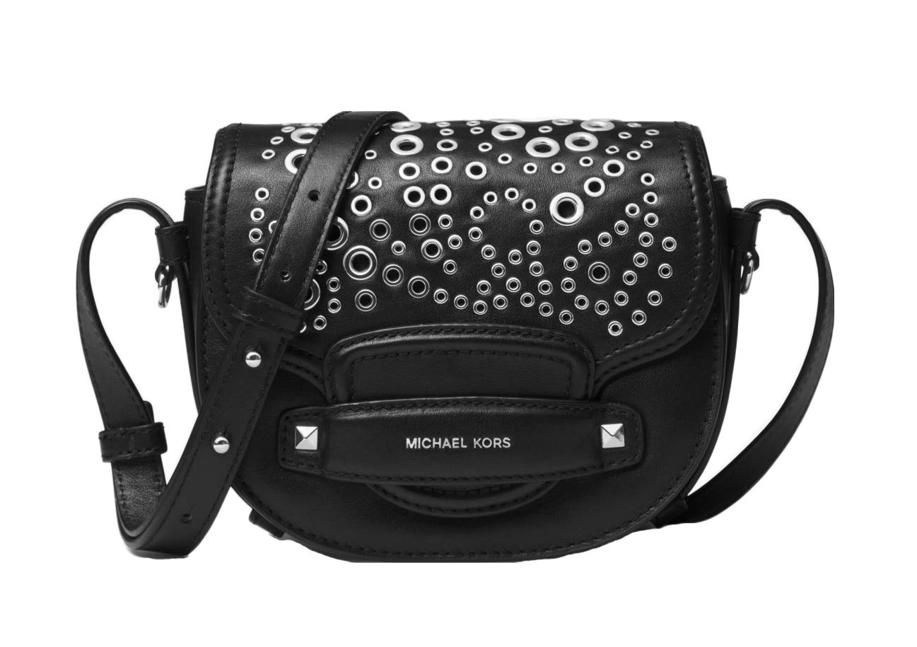MICHAEL Michael Kors Cary Small Grommeted Leather Saddle Bag - Black $278