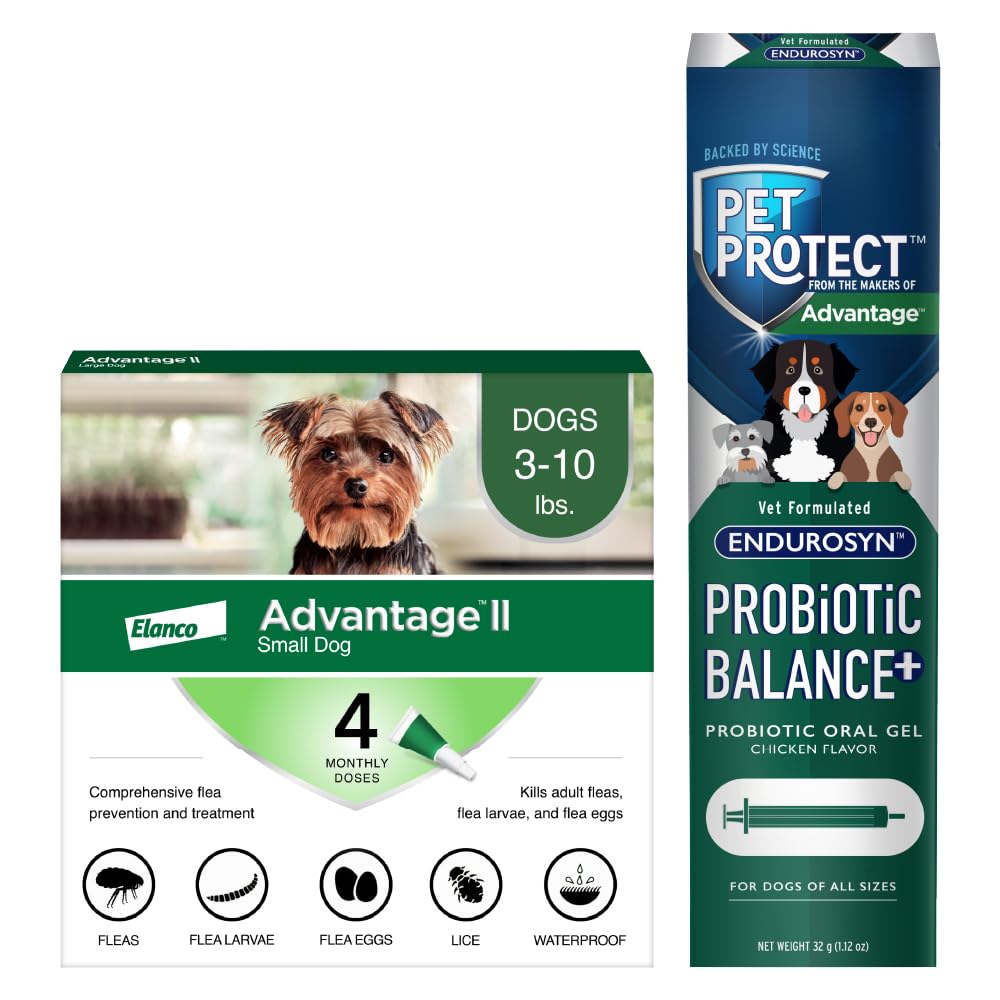 Bundle of Advantage II Small Dog| Dogs 3-10 lbs. | 4-Month Supply + Pet Protect Probiotic Balance+ Dog Supplement | Oral Gel | 32g