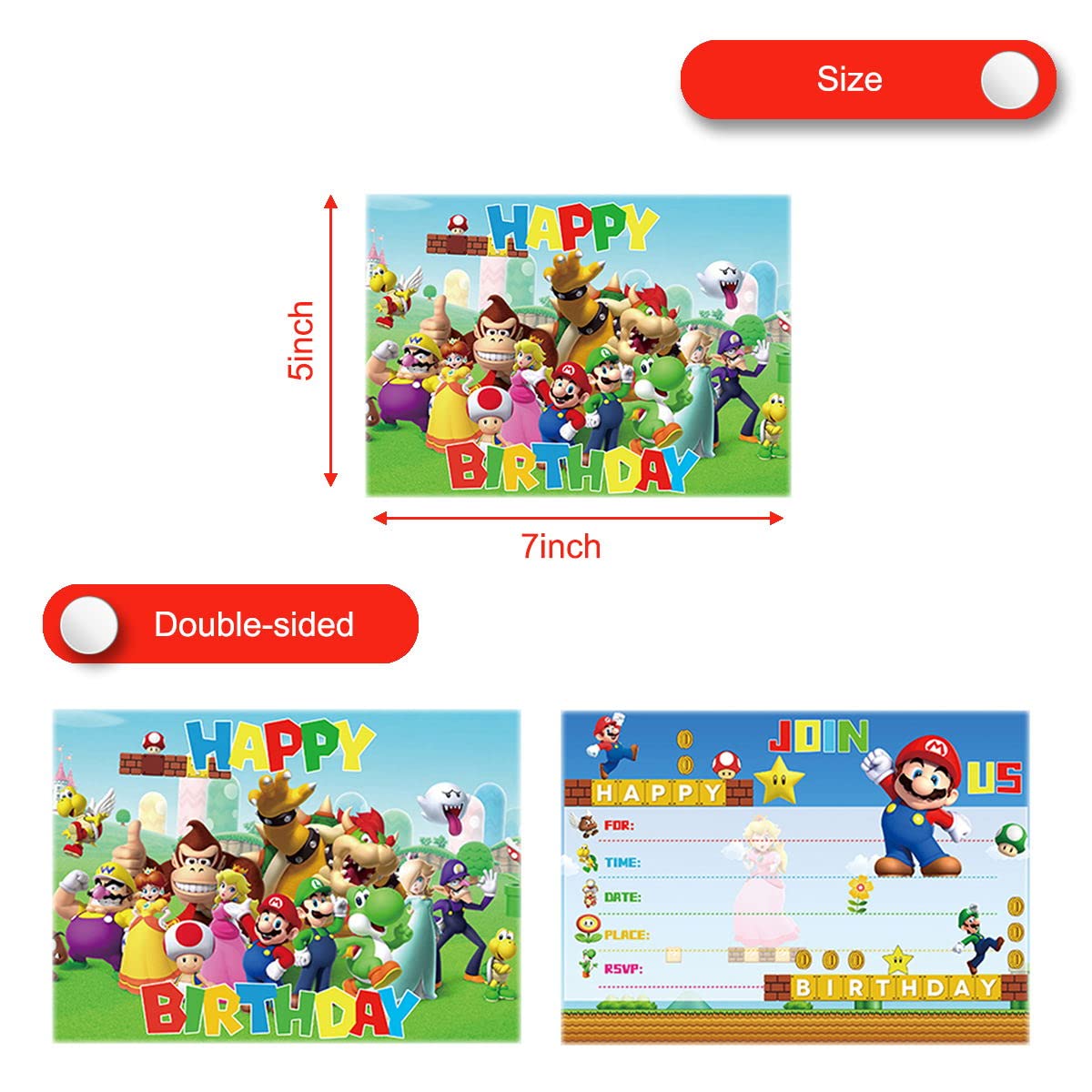 NF 24PCS Mario Birthday Party Invitations card, Video game party supplies,Super Bro Party Supplies for Kids