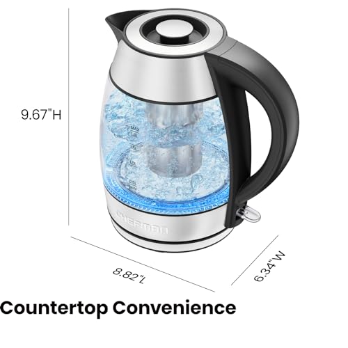 Chefman Electric Glass Kettle LED Indicator Lights, 360 deg Swivel Base, BPA Free, Stainless Steel, 1.8 Liters