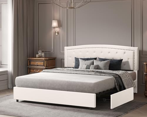 BONSOIR King Size Storage Bed Frame Upholstered Low Profile Traditional Platform with Tufted and Nail Headboard/No Box Spring Needed/4 Pull Out Drawers/ (Sand, King Size) (Cream, King Size)