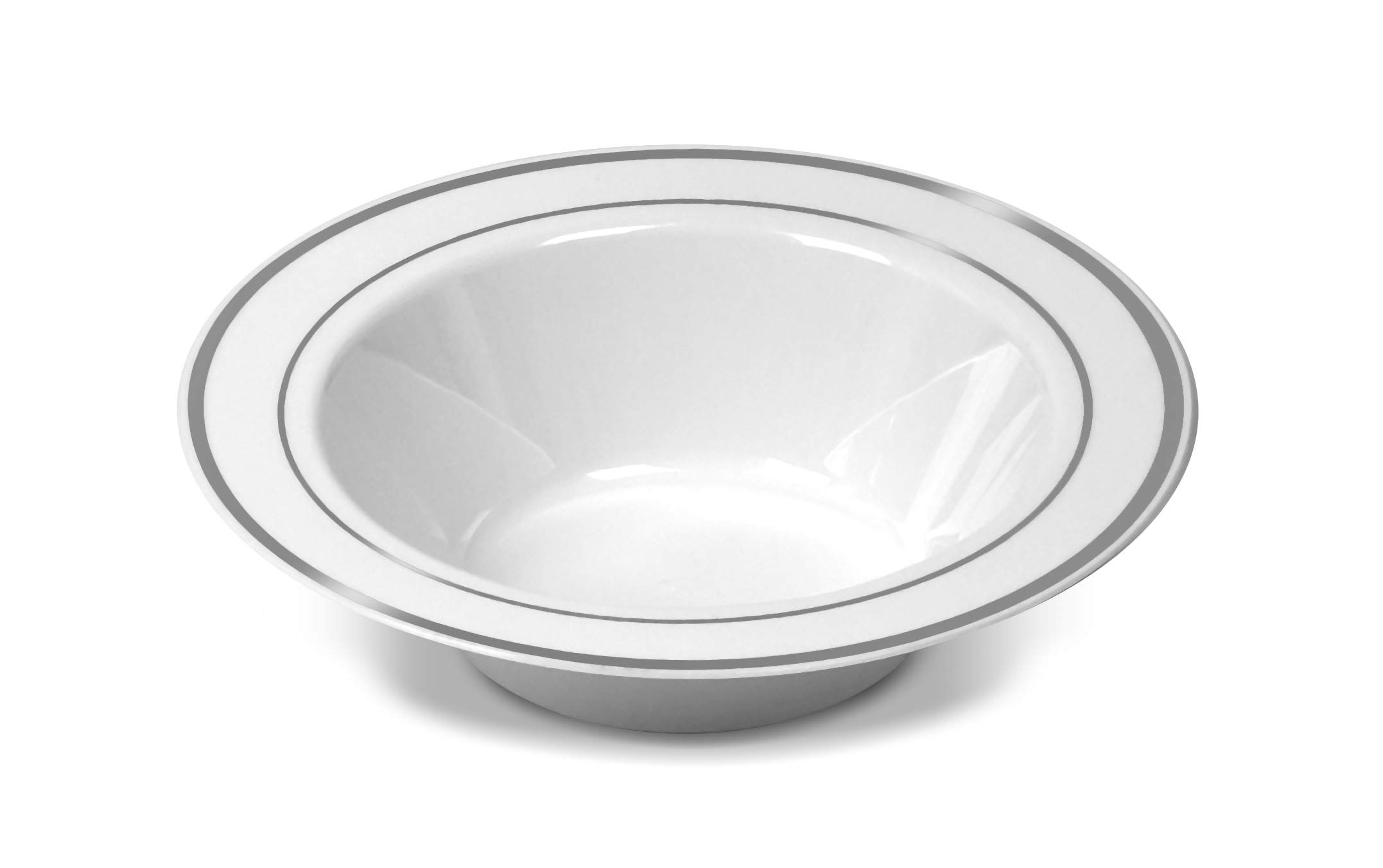 BloominGoods 50 Disposable White Silver Trim Plastic Dessert Bowls | SMALL 6 oz. Premium Heavy Duty Disposable Dinnerware with Real China Design | Safe & Reusable and Great for Parties (50-Pack)