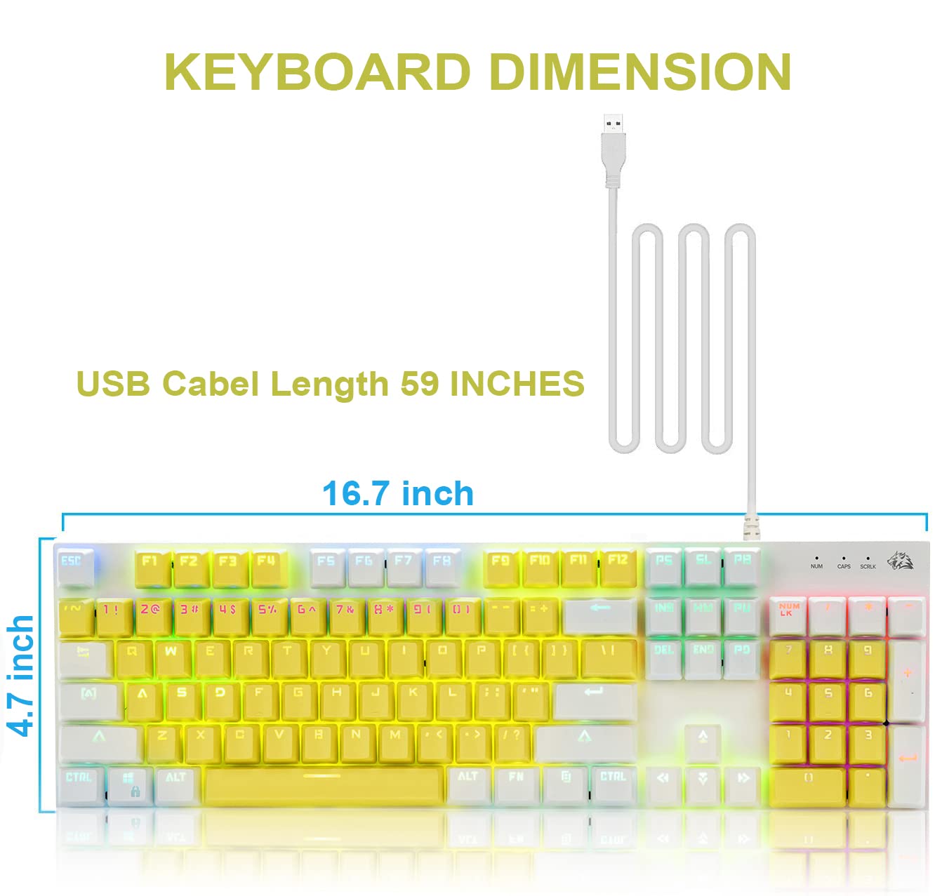 Basaltech Mechanical Gaming Keyboard with White LED Backlit, 104-Key Anti-Ghosting Blue Switch Ergonomic Metal Panel Classic Keycaps Light Up Keyboard Wired USB for PC, Laptop, Mac