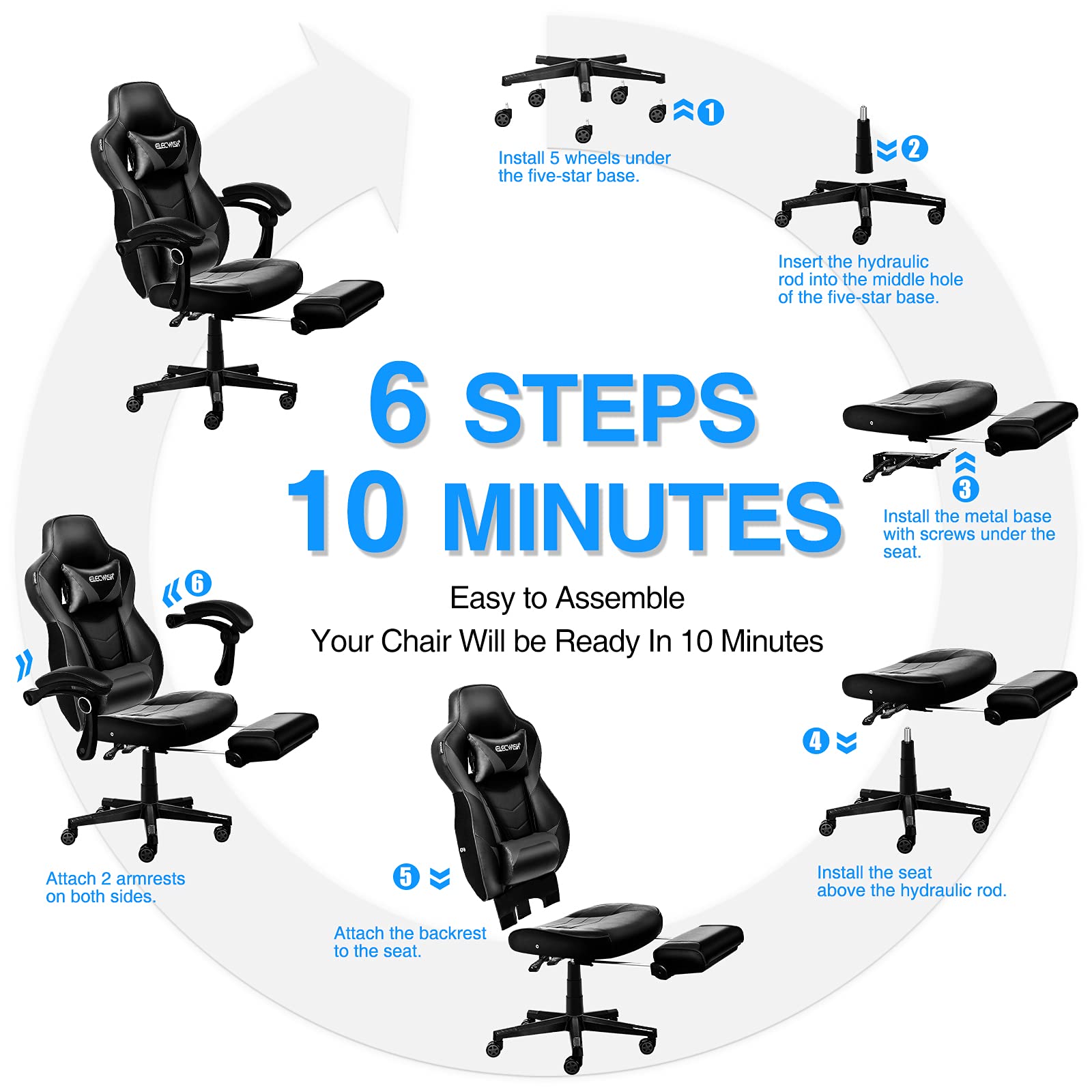 ELECWISH Gaming Chair, Reclining Computer Chair with Footrest and Lumbar Support, High Back Ergonomic Gamer Chair for Adults, Gaming Desk Chair with Headrest PU Leather