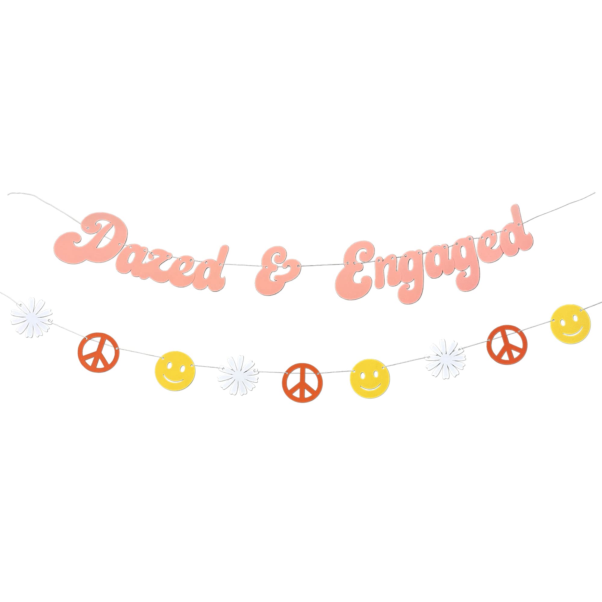 Dazed and Engaged Bachelorette Decorations Bundle with Dazed & Engaged Confused Banner and Groovy Retro Hippie Daisy, Peace Sign, and Smiley Face Garland - 24 piece set