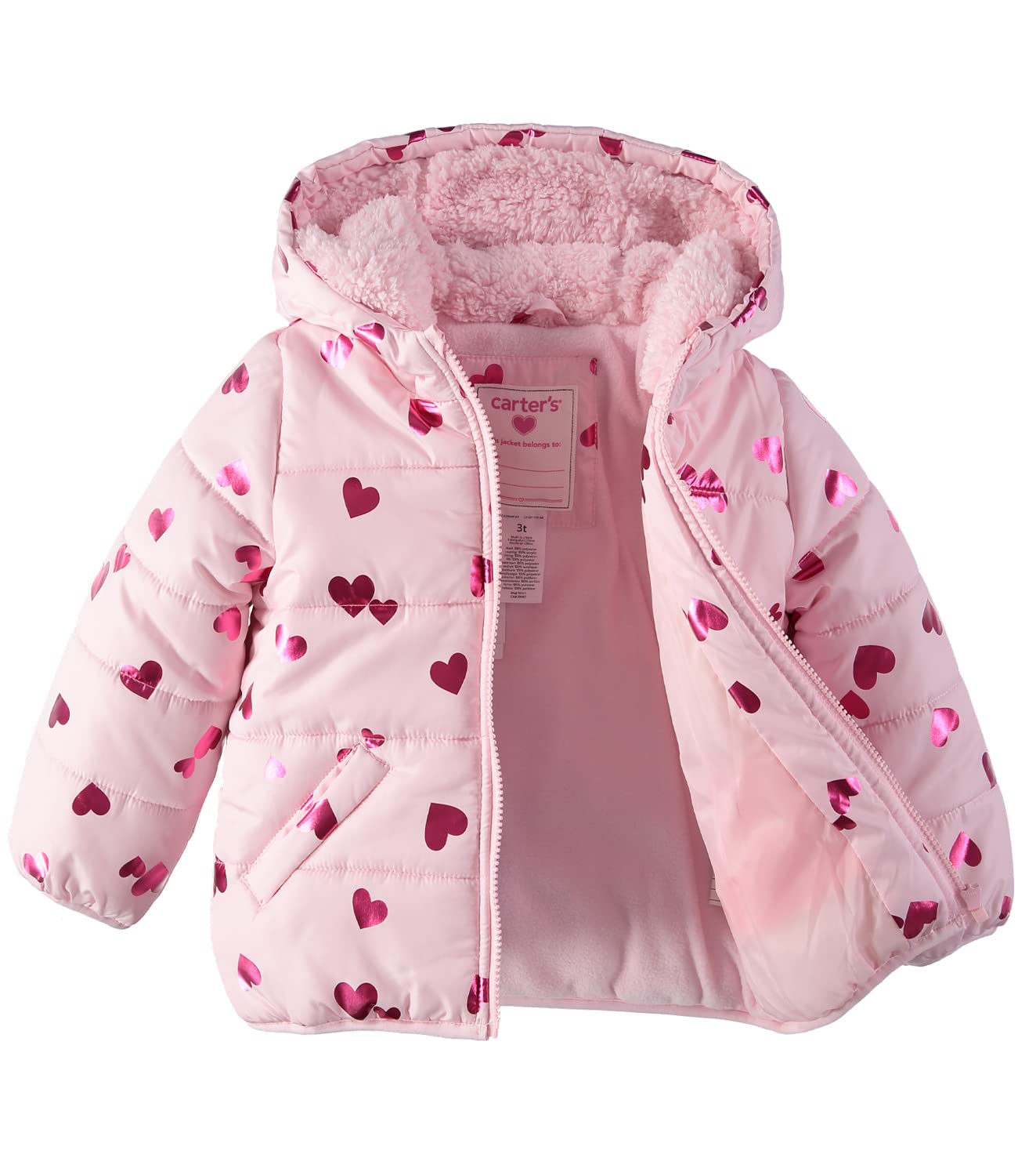 Carter's Girls' Fleece Lined Puffer Jacket Coat, Pink Foil Hearts, 24 Months