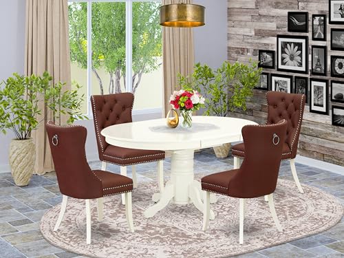 East West Furniture AVDA5-LWH-26 5 Piece Dining Room Furniture Set Consists of an Oval Dining Table with Butterfly Leaf and 4 Upholstered Chairs, 42x60 Inch, linen white