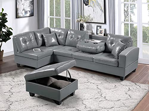 EMKK Variable Bed Sofa Living Room Folding Sectional Sofa with Reversible Chaise Lounge, Upholstered L-Shaped Couch with Two Cup Holders 2 Pillows for Office Apartment Large Space Furniture Sets