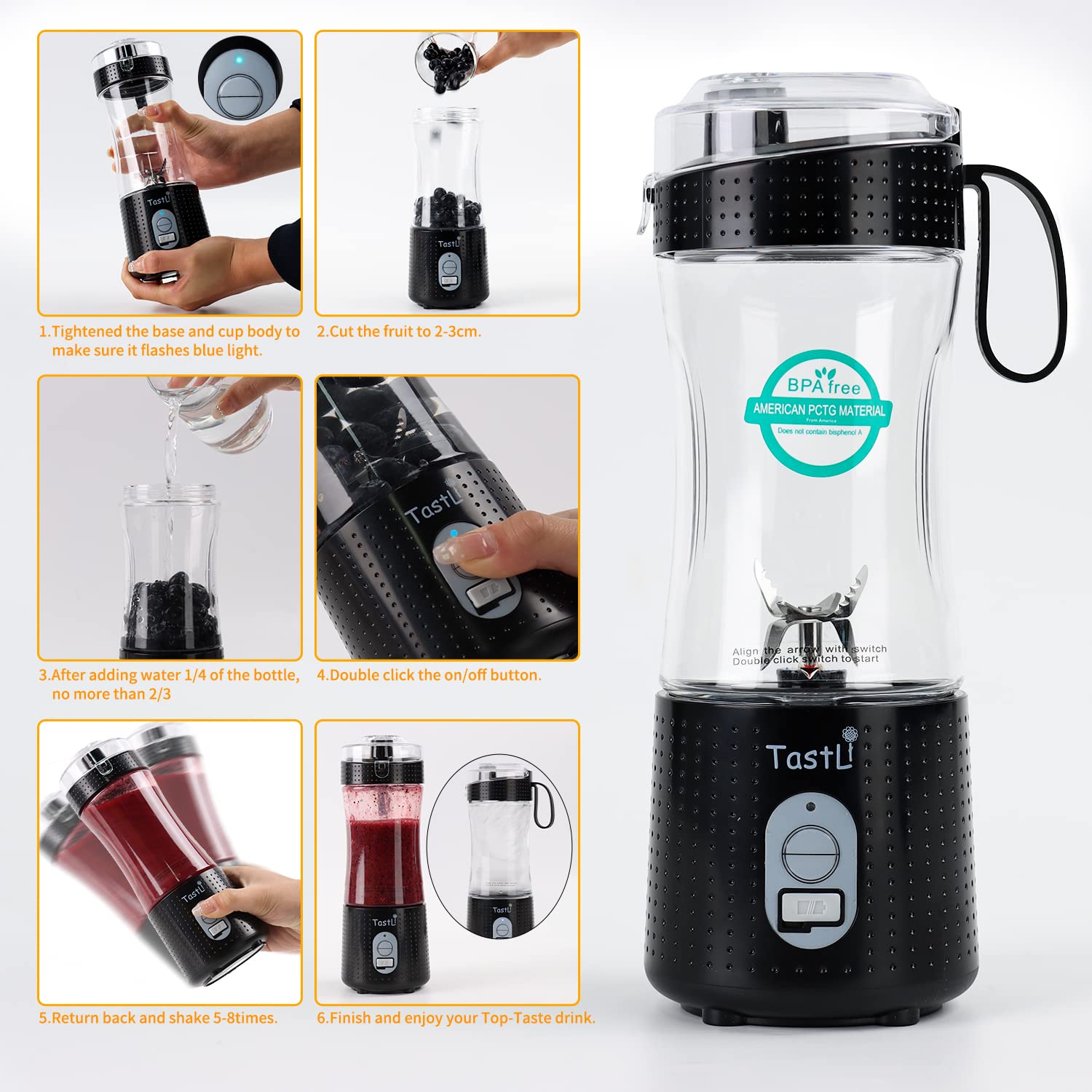 Personal Blender, Smoothie Blender Portable Small Mini Blender Bottles shaker for Shakes, Smoothies and Protein mixes, Cordless, Rechargeable for kitchen Sports Travel with Ice Tray (Black pro)