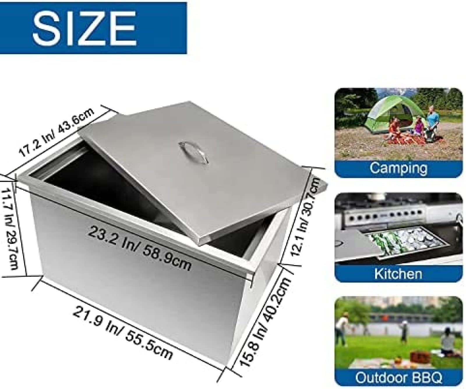 Drop-in Ice Chest Built in Ice Bin with Removable Cover SUS 304 Stainless Steel Ice Cooler Including Drain-Pipe & Drain Plug for Cold Wine Beer Beverage (23''L x 17''W x 13''H)