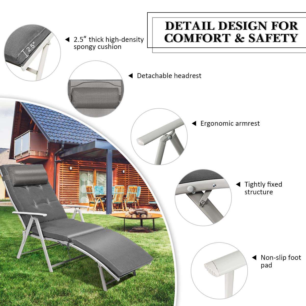 hysache Folding Lounge Chair, Patio Chaise Lounge w/Portable Design and 7 Adjustable Positions, Outdoor Lawn Chair w/Removable Cushion and Pillow for Yard, Poolside (Gray)