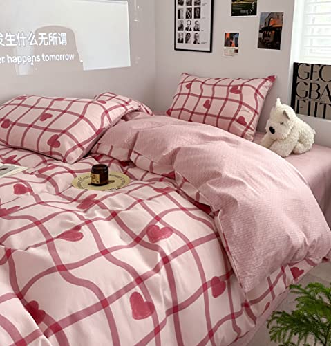 LIWHENHAO Hearts Duvet Cover Set Queen 100% Cotton Bedding Red Heart on Pink Check Plaid 1 Romantic Geometric Comforter Cover Full Zipper Closure 2 Pillowcases for Kids Girls Boys Woman
