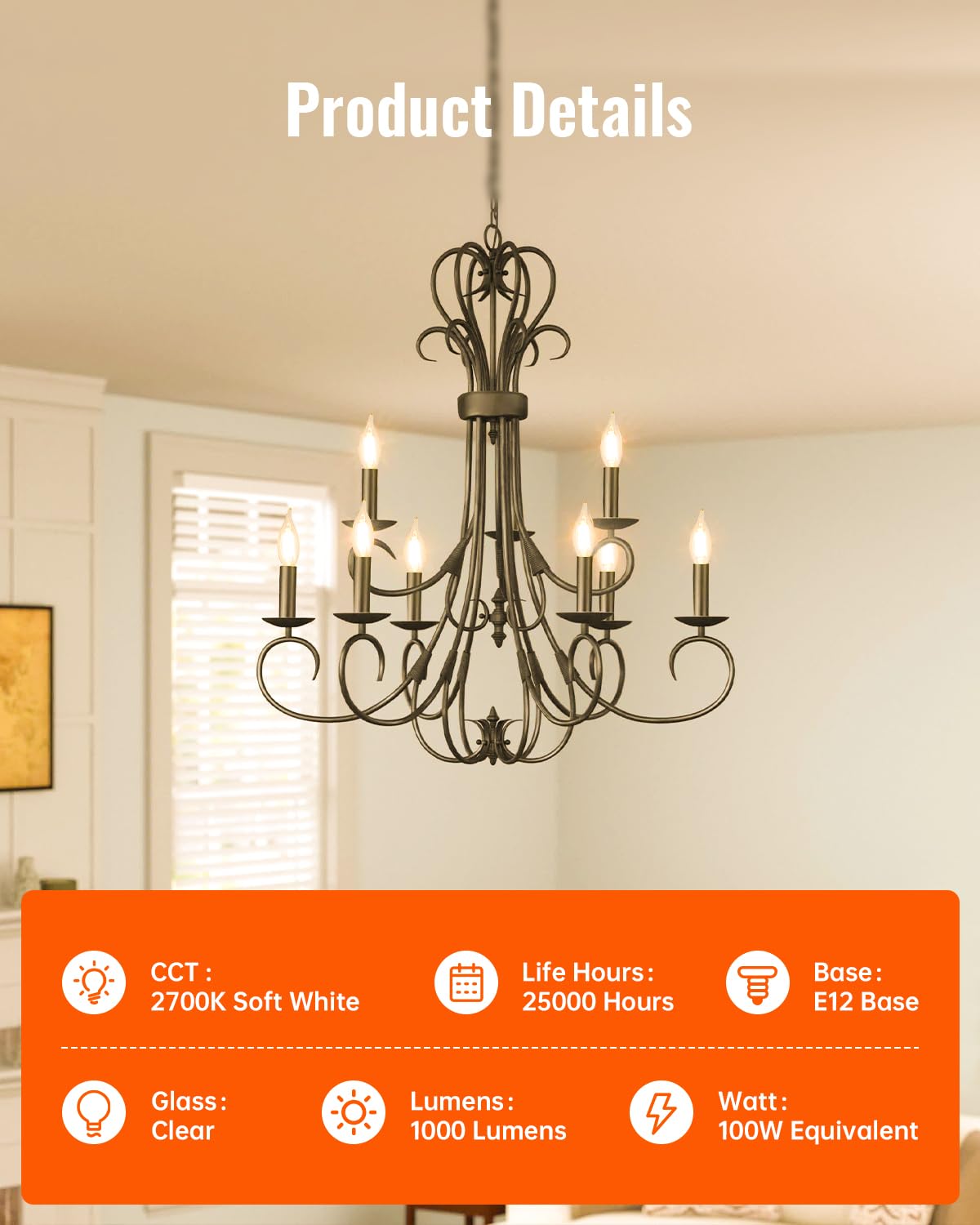 OMED E12 LED Candelabra Bulb 100 Watt Equivalent, 2700K Soft White, Dimmable LED Chandelier Light Bulbs, 7W 1000 Lumen Clear LED Candle Light Bulbs for Living Room, Light Fixture, 6 Pack