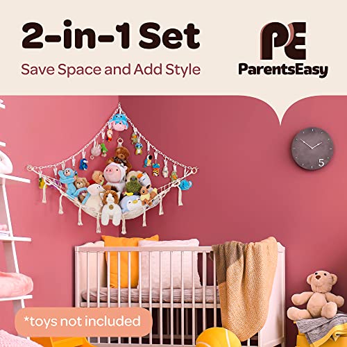 ParentsEasy Macrame Stuffed Animal Hammock & Net β Cotton Toy & Pet Hanging Plushie Storage with Screw-In & Adhesive Hooks β Stuffed Animal Hammock, Plastic Chain, & Clips β Toy Net Plush Storage