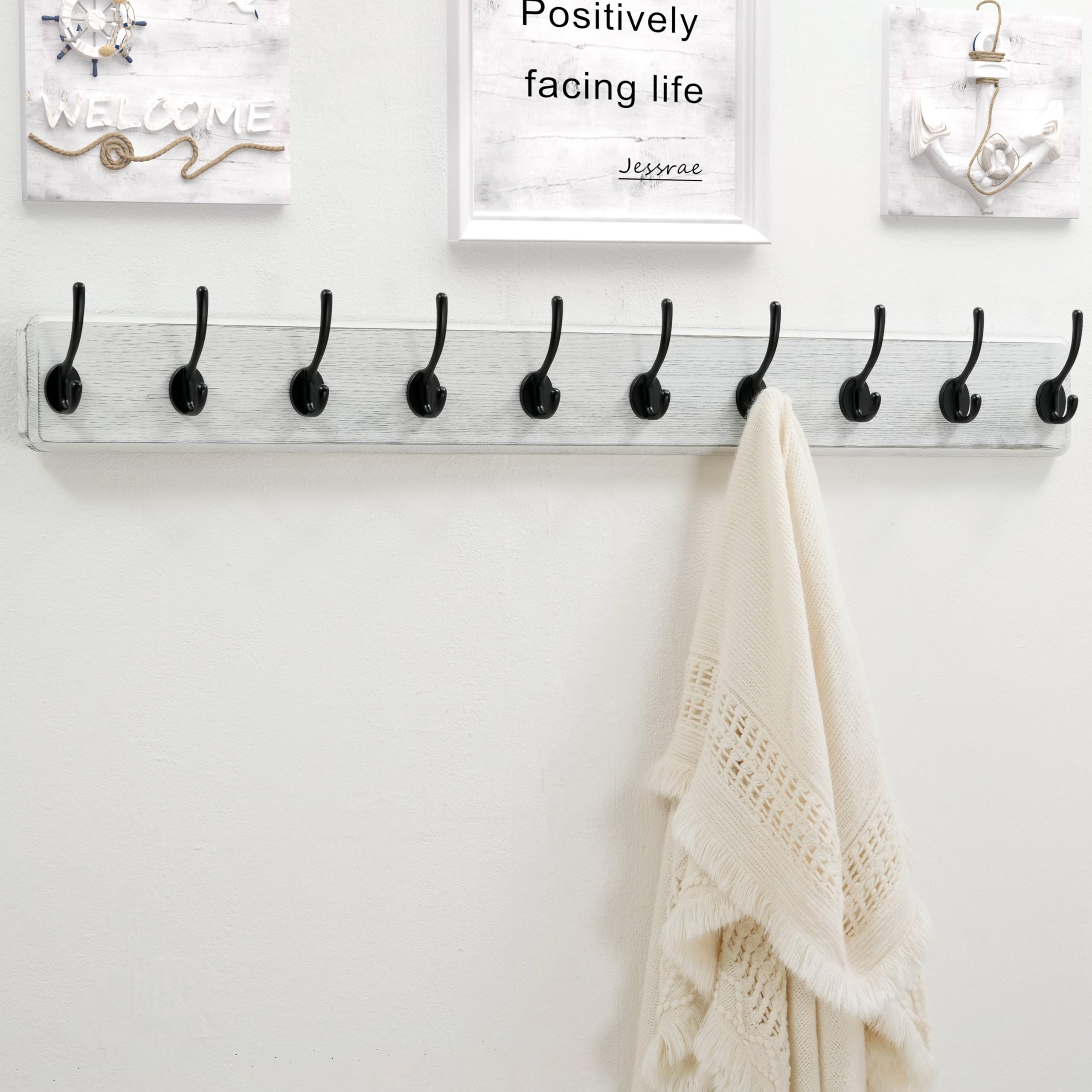 Dseap Coat Rack Wall: Patented, Heavy-Duty, 5-Double-Hooks Wooden Wall Mounted Coat Rack Coat Hanger Hook Rail for Winter Coats Hat Jacket Clothing, White & Black