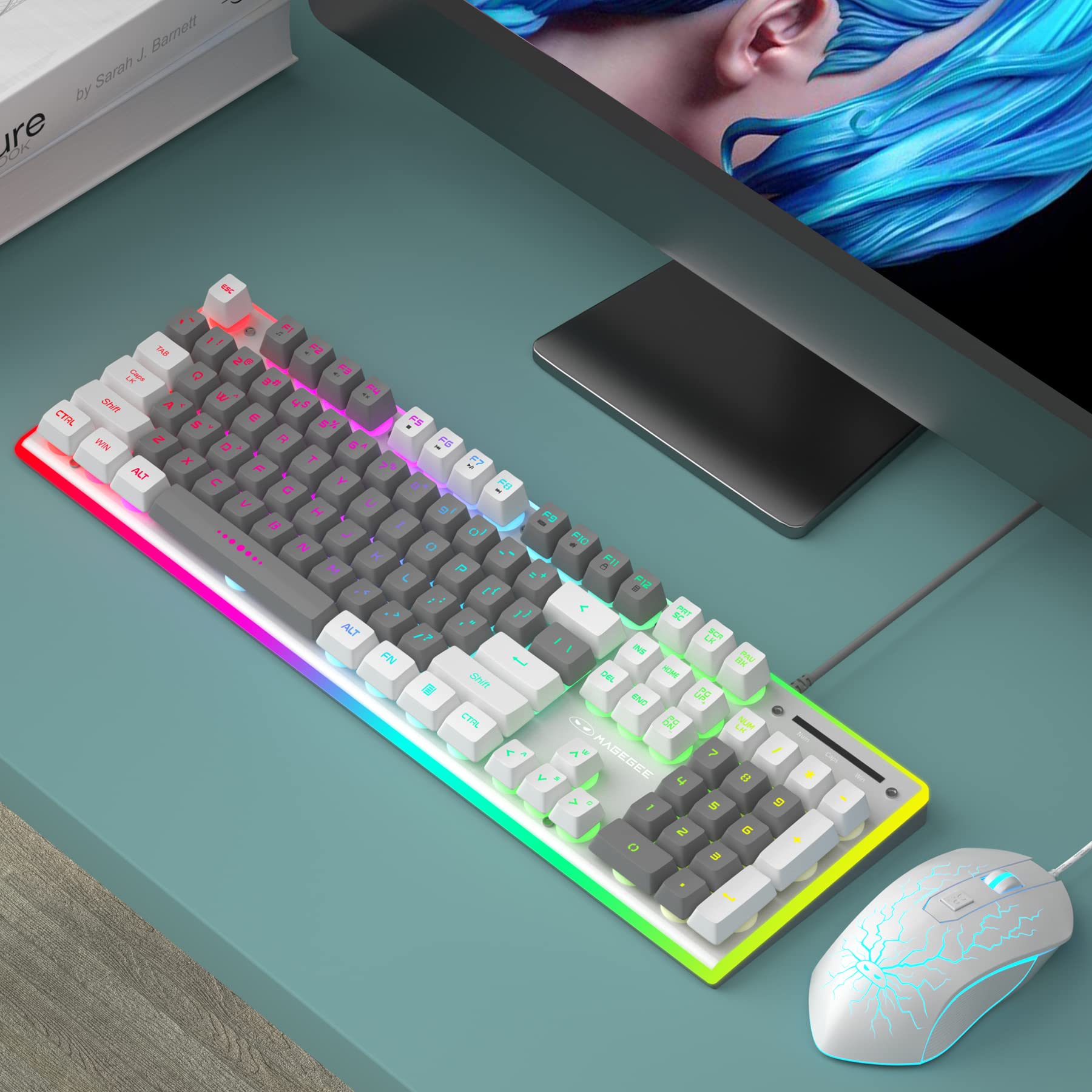 Camiysn Gaming Keyboard, Wired Silent Ergonomic Splashproof RGB Backlit Anti-ghosting Keyboard Mechanical Feeling Keyboard for PC Gamer, White & Grey