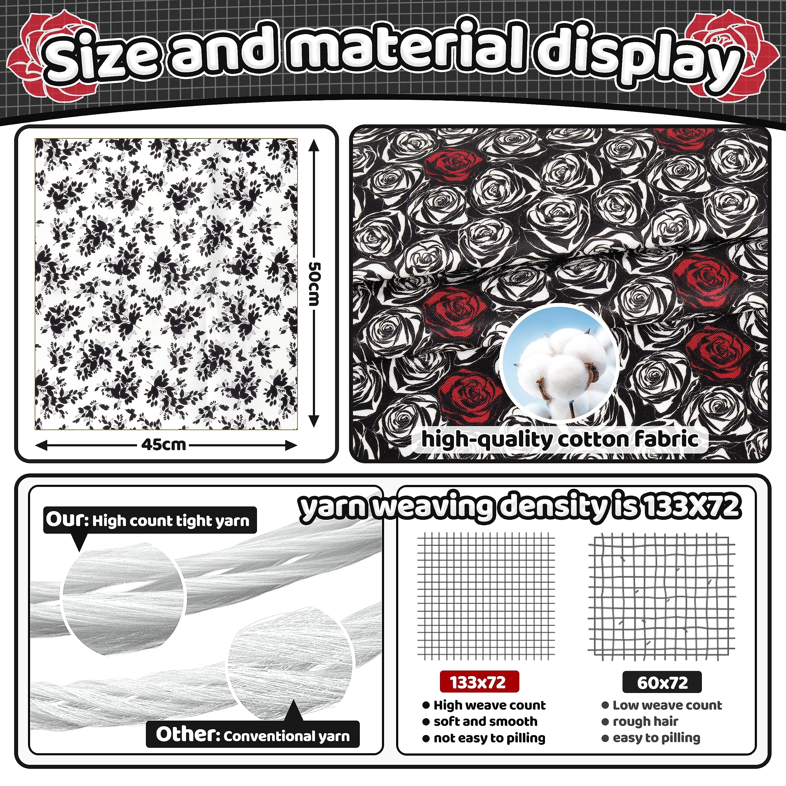 Black White Floral Cotton Fabric: ZAIONE 9Pcs Flower Printed Fabric Fat Quarters 18βx20β Quilting Squares for Patchwork DIY