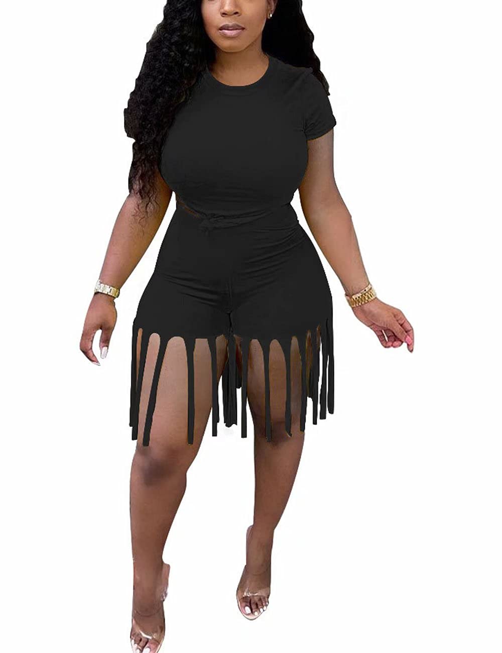 Bluewolfsea Women's Cute Two Piece Outfits Short Sleeve Shirt Top and Tassel Bodycon Shorts Tracksuit Medium