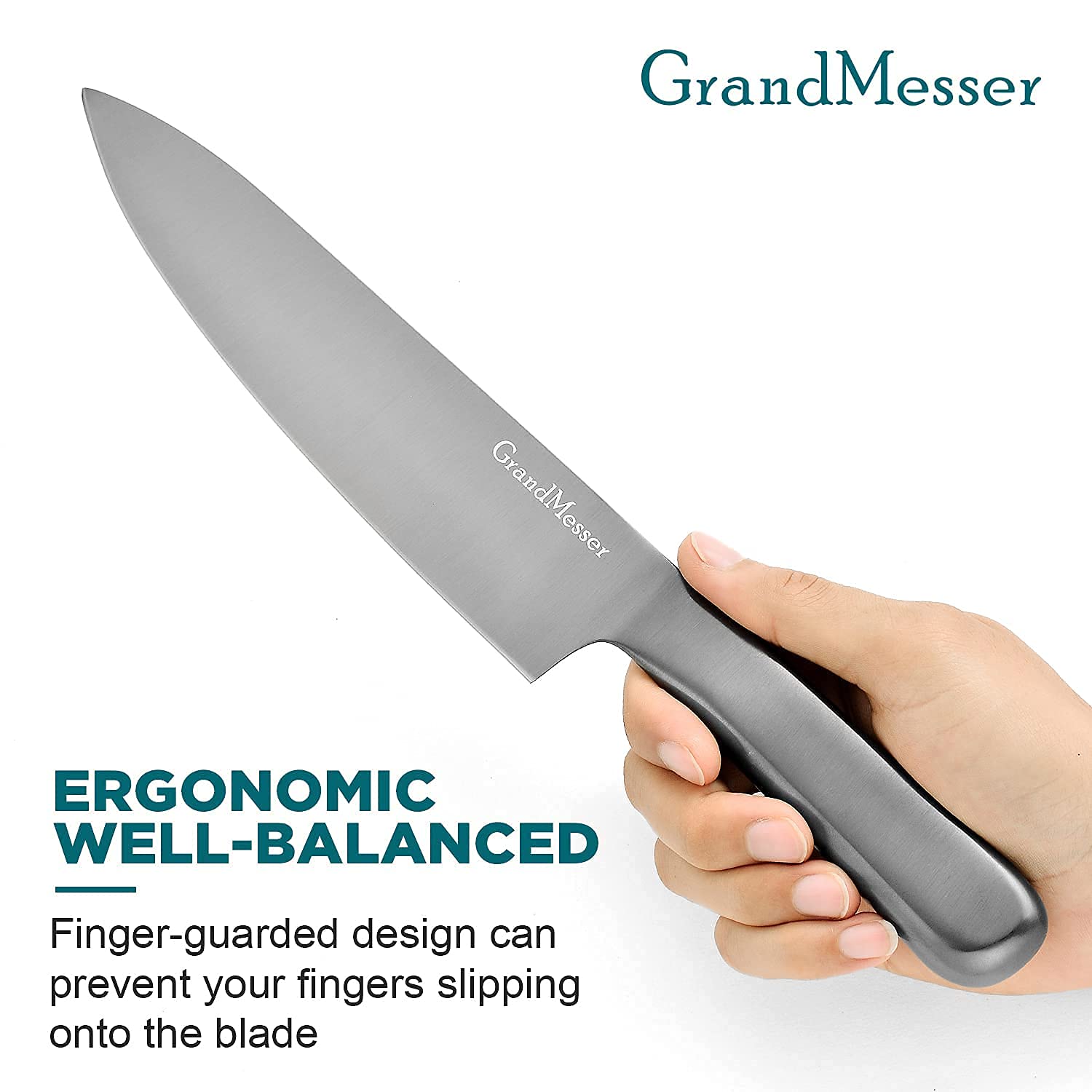 Cooking Chef Knife, 8 Inches Carbon Stainless Steel Kitchen Knife with Sharpener and Ergonomic Handle, Chopping Knife for Professional Use(Matte Stainless)