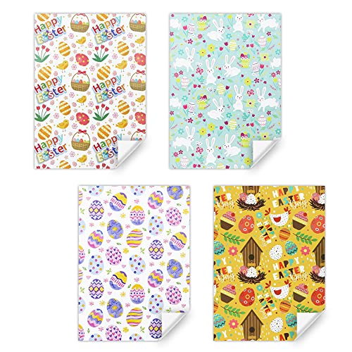Easter Wrapping Paper,4 Sheets 4 Designs Bunny Eggs Chicken Gift Wrapping Paper,20 x 28 Inch Funny Cute Pattern Gift Wrap With Ribbon For Easter Spring Birthday Holiday Baby Shower Party All Occasion