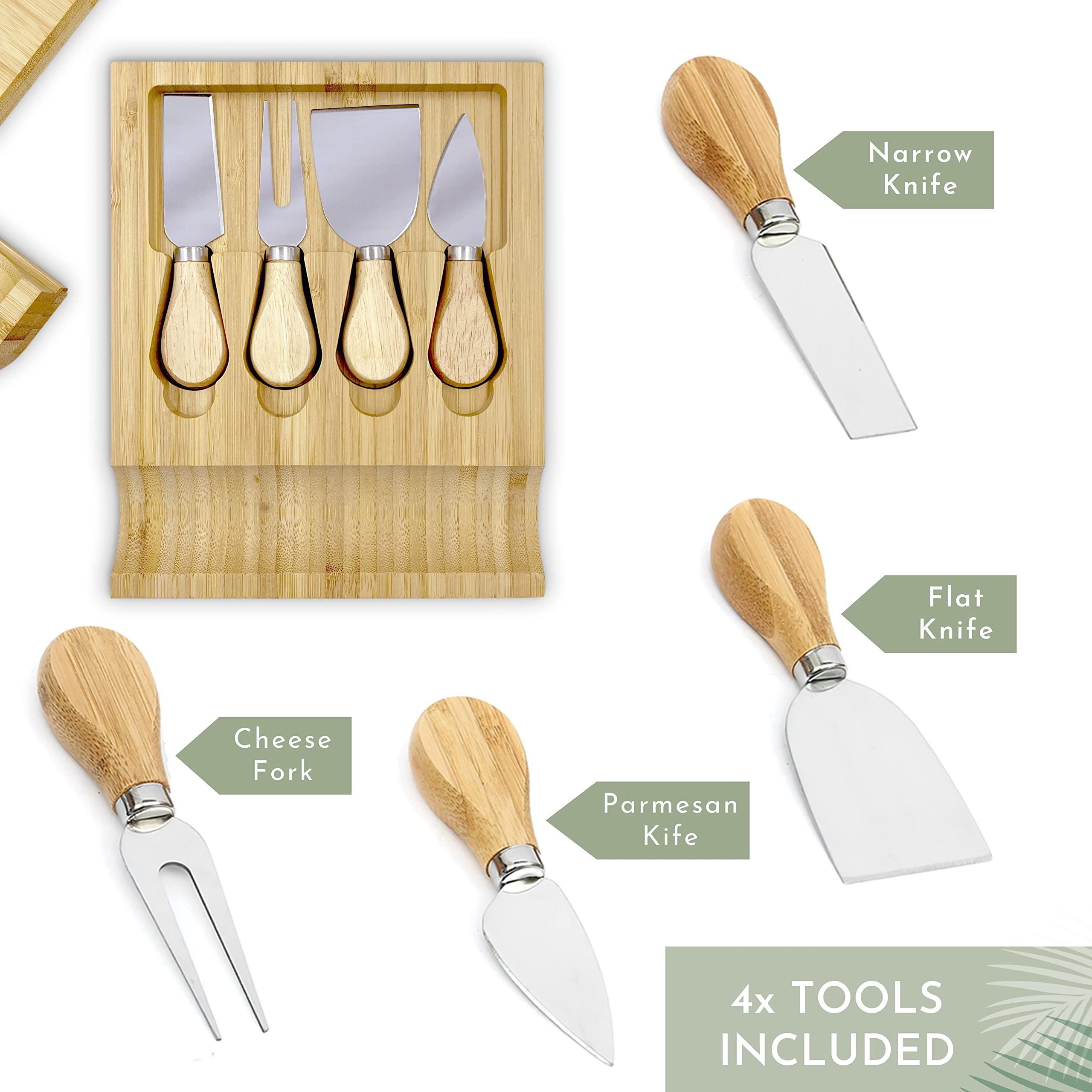 Bamboo Cheese Board and 4 Knives Set - Charcuterie Board with Knives, 13” Large Charcuterie Platter and Serving Tray, Housewarming Gift, and Wedding Gift