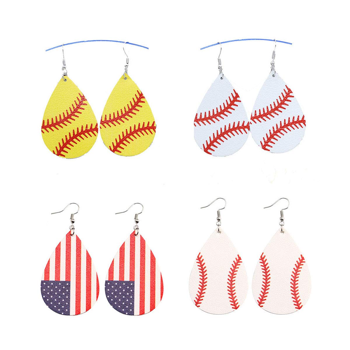Baseball Leather Earrings for Women Lightweight Faux Leather Earrings Teardrop Ball Leather Dangle Earrings 4 Pairs