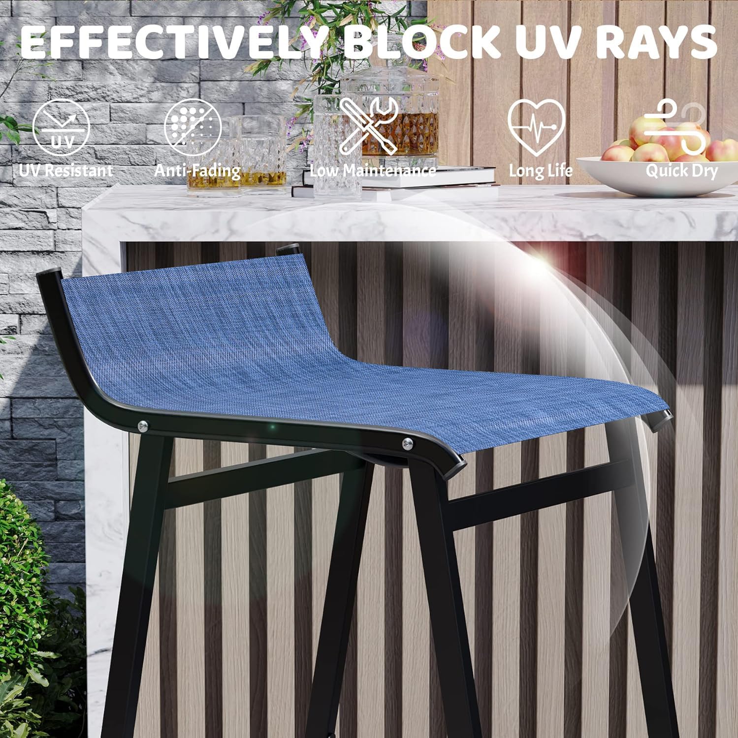 Sundale Outdoor Patio Metal Bar Stools Set of 2, Low Back Counter Height Tall Chairs, High Top Armless Pub Seat Barstools for Outside Porch Yard Deck Balcony, Modern Blue