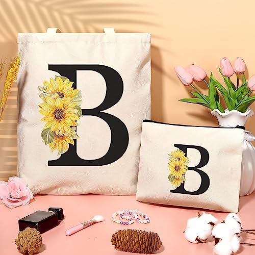 DERTE Personalized Initial Canvas Tote Bag Floral Letter Makeup Bag Monogrammed Gift Beach Tote Bags for Women Bridesmaids Birthday Wedding Bridal Shower (Letter B)