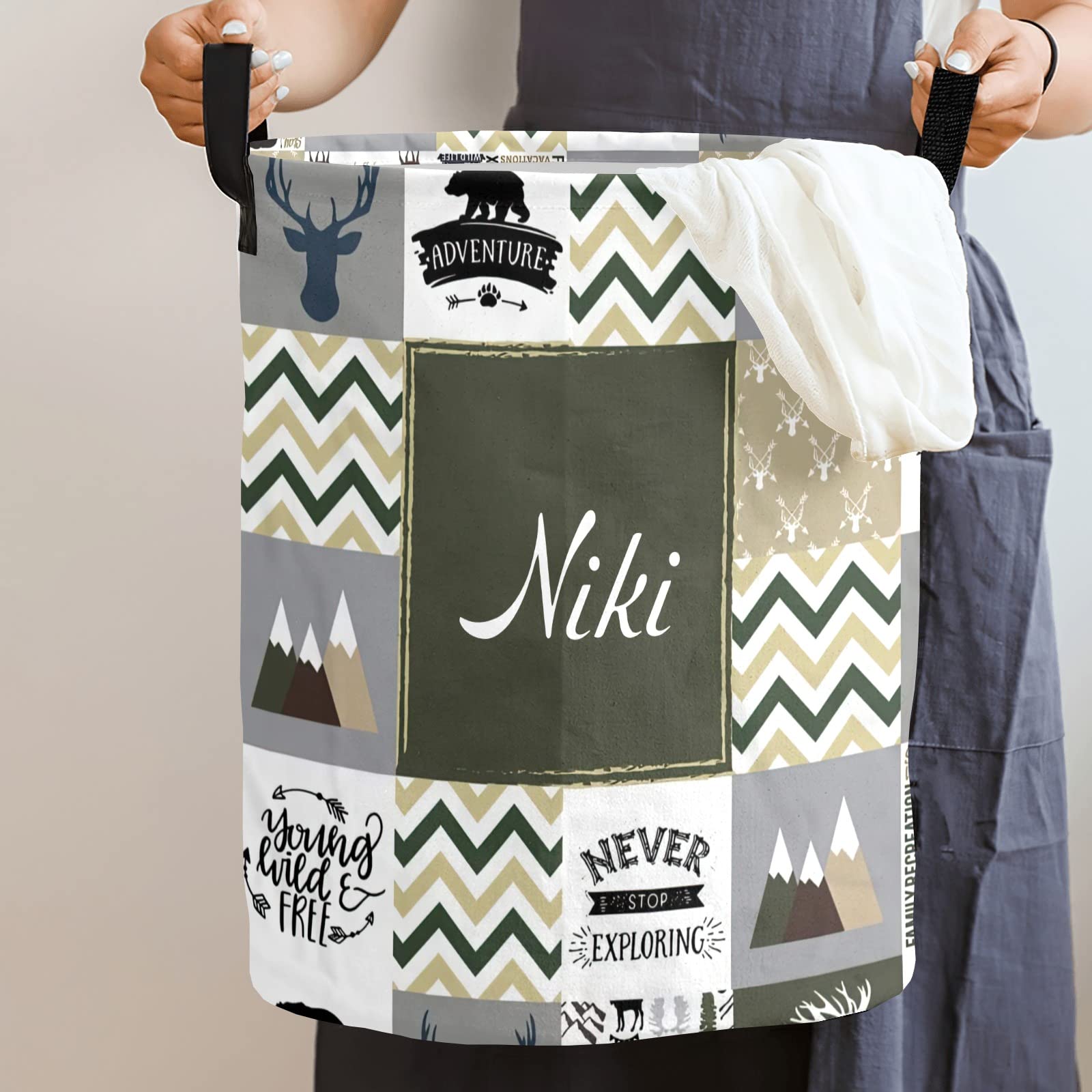 Camo Woodland Animals Laundry Basket Personalized with Name Laundry Hamper with Handle Clothes Bag Bin for Bedroom Baskets