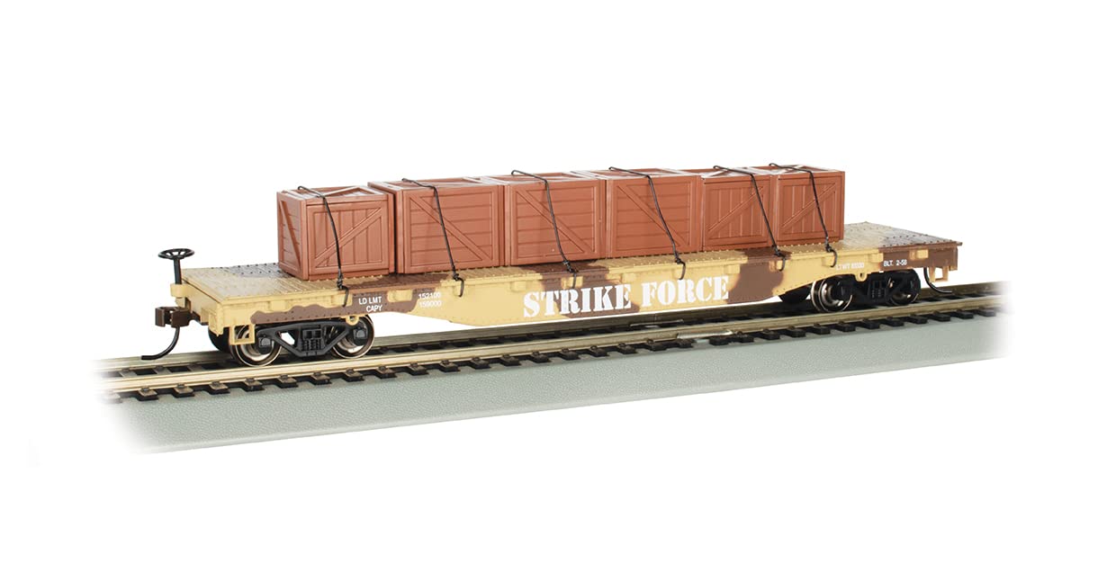 Bachmann Trains - 52’ Center Depressed Flat CAR - Desert Camouflage with CRATES - HO Scale