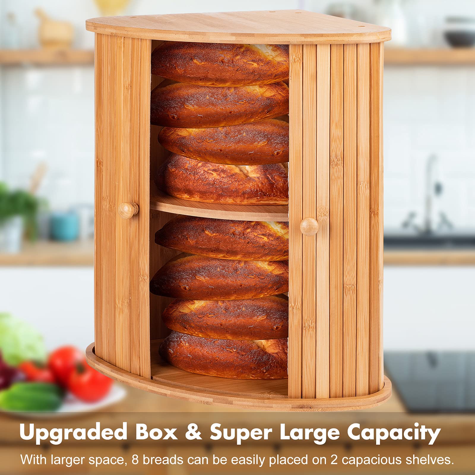 Bamboo Bread Box For Kitchen Countertop TOMKID Farmhouse Corner Bread Box 2 Layer Bread Storage Container, Extra Large Bread Boxes, 15.1 in x 11.8 in x 16.8 in (Assembly required)