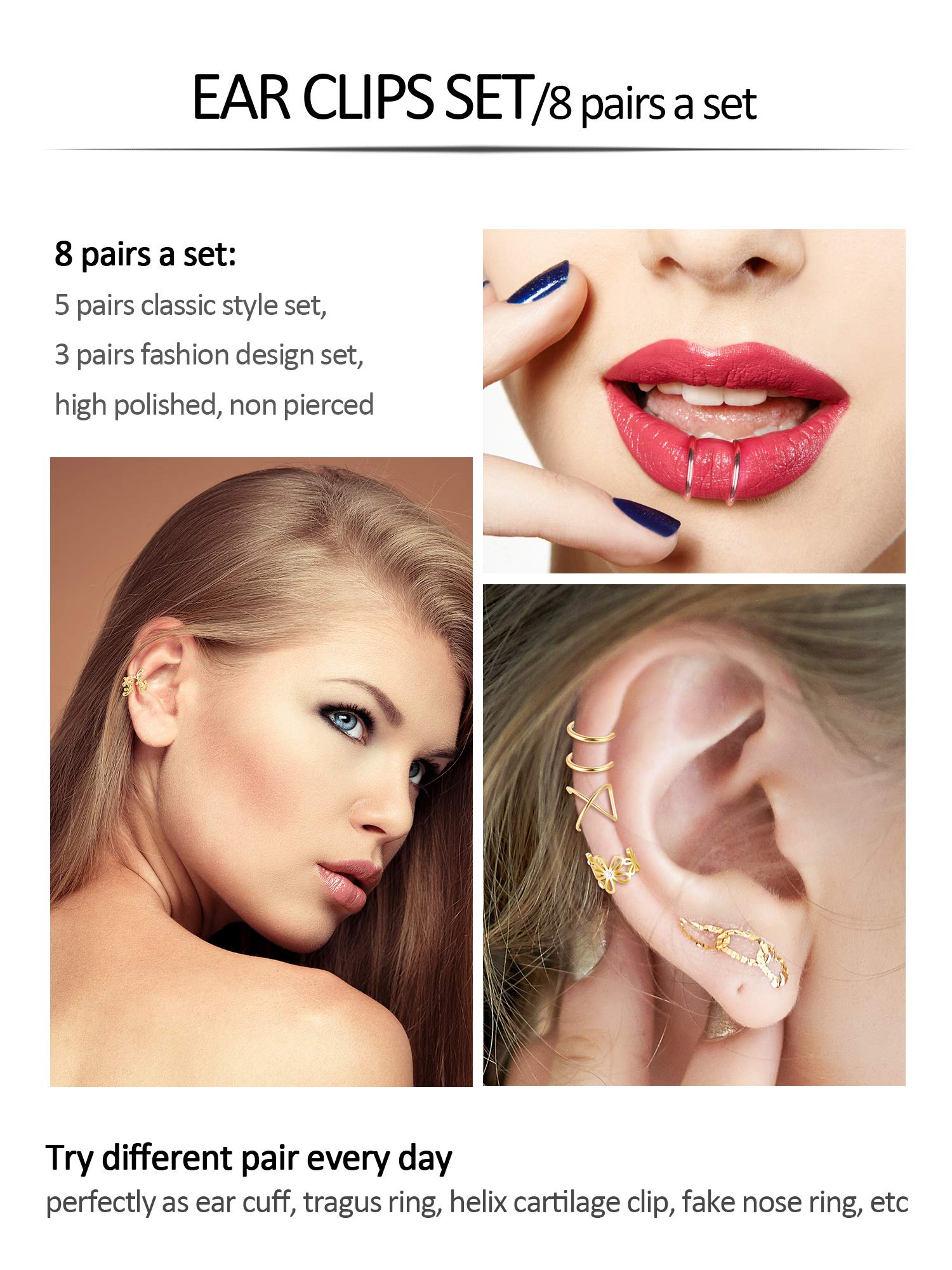Blulu 8 Pairs Ear Cuffs Earrings Cuff Non Piercing Stainless Steel Clip on Cartilage Earrings for Men Women, 8 Various Styles