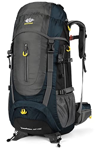 Esup 70L Hiking Backpack Camping Backpack Backpacking Backpack, Mountaineering Backpack with 65L+5L Rain Cover (Dark Blue)