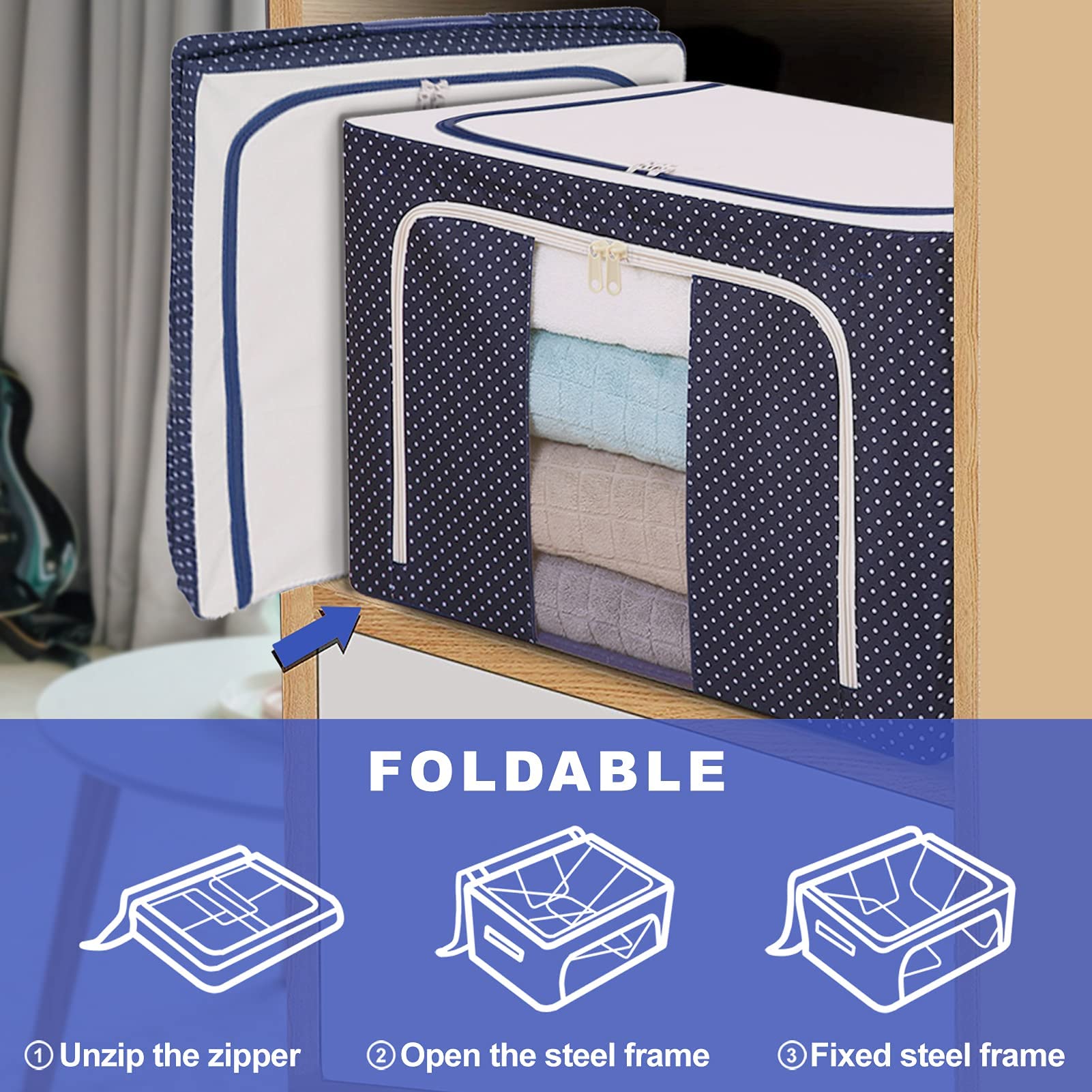 VINMEN Oxford Cloth Steel Frame Storage Box, 2 Pack 66L Foldable Storage Bag Organizers with Clear Window, Reinforced Handle for Navy Blue