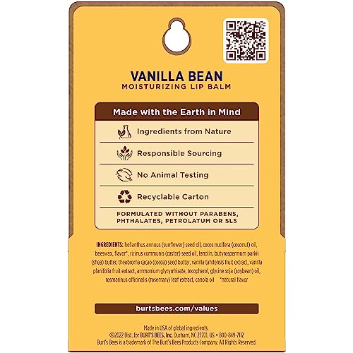 Burt's Bees Lip Balm Mothers Day Gifts for Mom - Vanilla Bean, Lip Moisturizer With Responsibly Sourced Beeswax, Tint-Free, Natural Conditioning Lip Treatment, 2 Tubes, 0.15 oz.