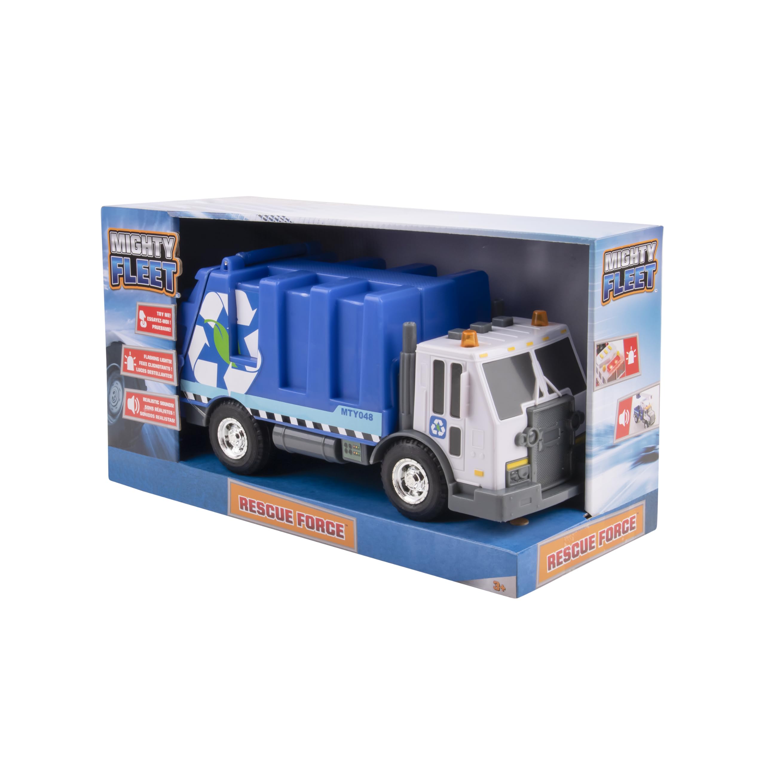 Mighty Fleet Rescue Force 12" Garbage Truck Toy - Realistic Lights & Sounds, Detachable Recycling Bin, Free Wheeling Play, Ages 3+