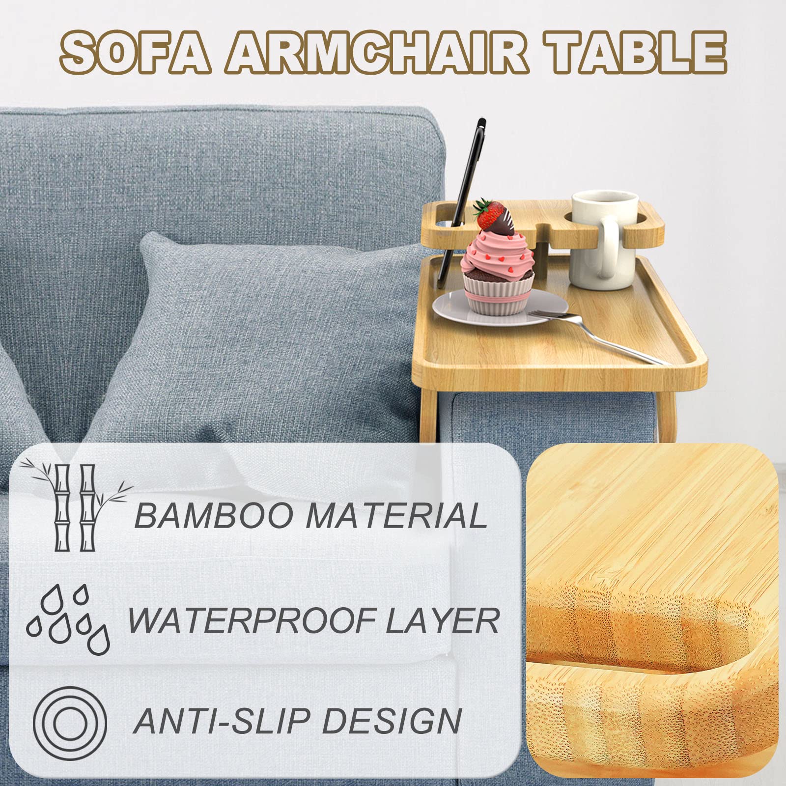 Bamboo Couch Arm Tray Table, Double Layer Sofa Clip on Tray Table with Cup Holder and Phone Holder, Sofa Armrest Tray for Eating Drinks Snacks