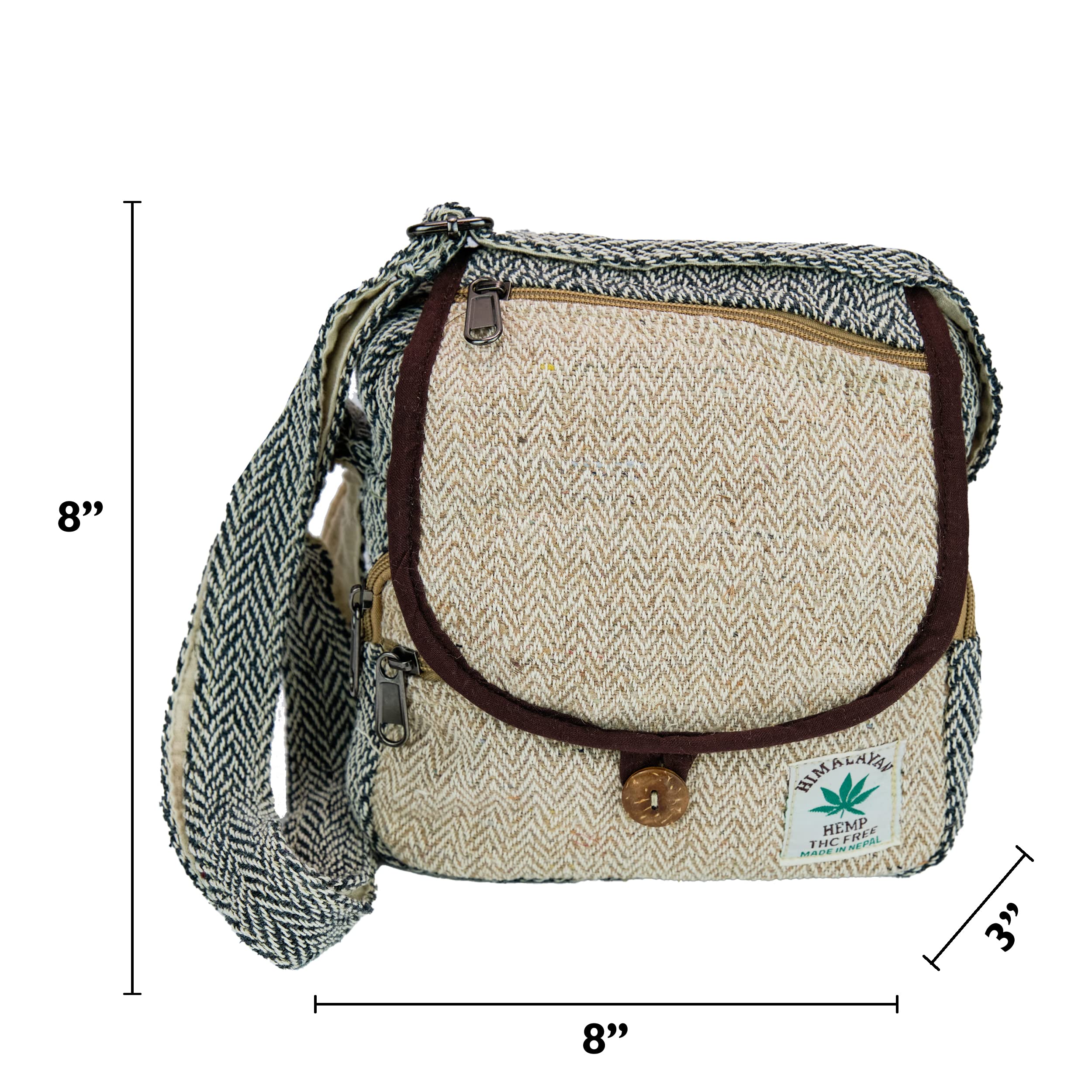 Zen Canyon Natural Hemp Herringbone Cross Body Purse Multipurpose Shoulder Bag, 8 x 8 Inches (Dark Brown)