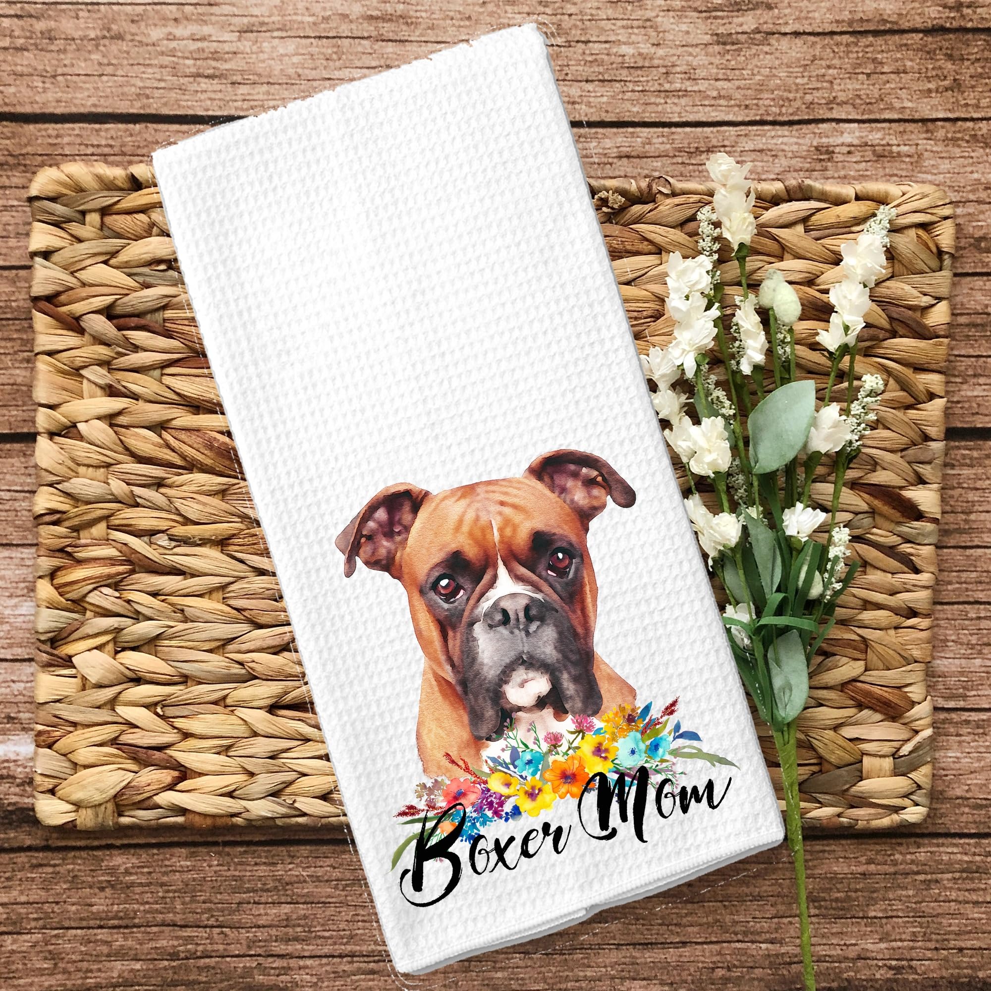 Boxer Mom Floral Waffle Weave Microfiber Kitchen Hand Towel Gift for Dog Lover