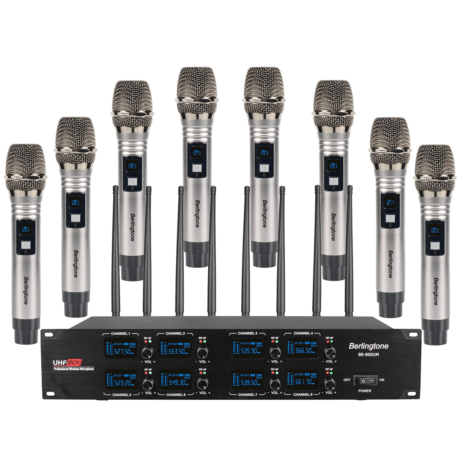 Berlingtone BR-800UM Professional 8-Channel Wireless Handheld Dynamic Microphone System, Fixed Frequency Channel, Metal Mic and Receiver, for Singing, Church, DJ, Concert, Up to 260ft Range