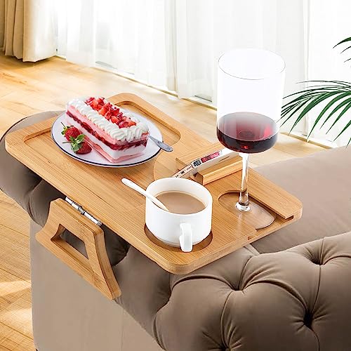 Bamboo Couch Tray,Sofa Arm Clip Table,Sofa Tables,Portable Table with 360°Rotating Phone Bracket and Couch Cup Holder,Sofa Arm Tray,Couch Table for Drinks,Snacks and Remote,Couch Arm Table,TV Tray