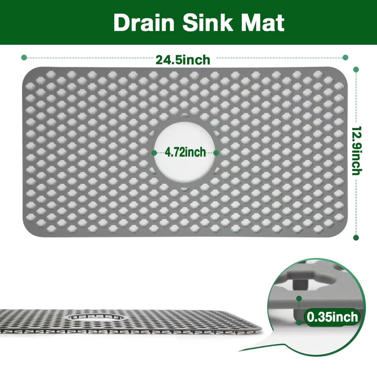 Sink Protector for Kitchen Sink,24.5''x12.9'' Silicone Sink Mat Grid Accessory for kitchen sink with Center Hole Nonslip Heat Resistant for Bottom of Farmhouse Stainless Steel Porcelain Sink