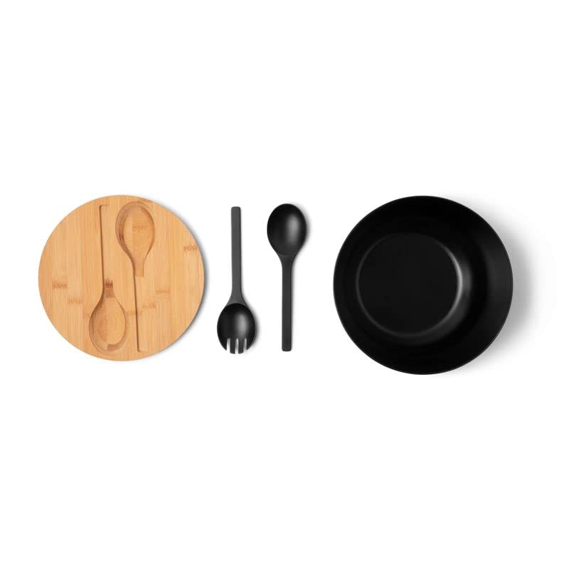 Bamboo Fiber Salad Bowl with Servers Set, 9.8 inches Large Solid Wooden Mixing Salad Bowls With Lid, Fiber Spoon and Fork for Serving for Pasta, Fruits, Vegetables(Black)