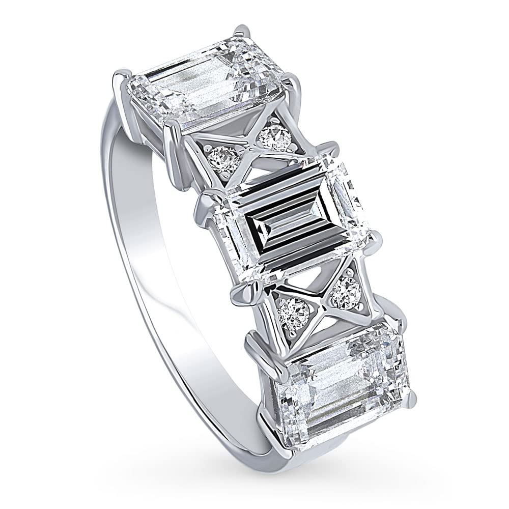 BERRICLE Sterling Silver 3-Stone Emerald Cut Cubic Zirconia CZ Statement Art Deco Fashion Ring for Women, Rhodium Plated Size 8