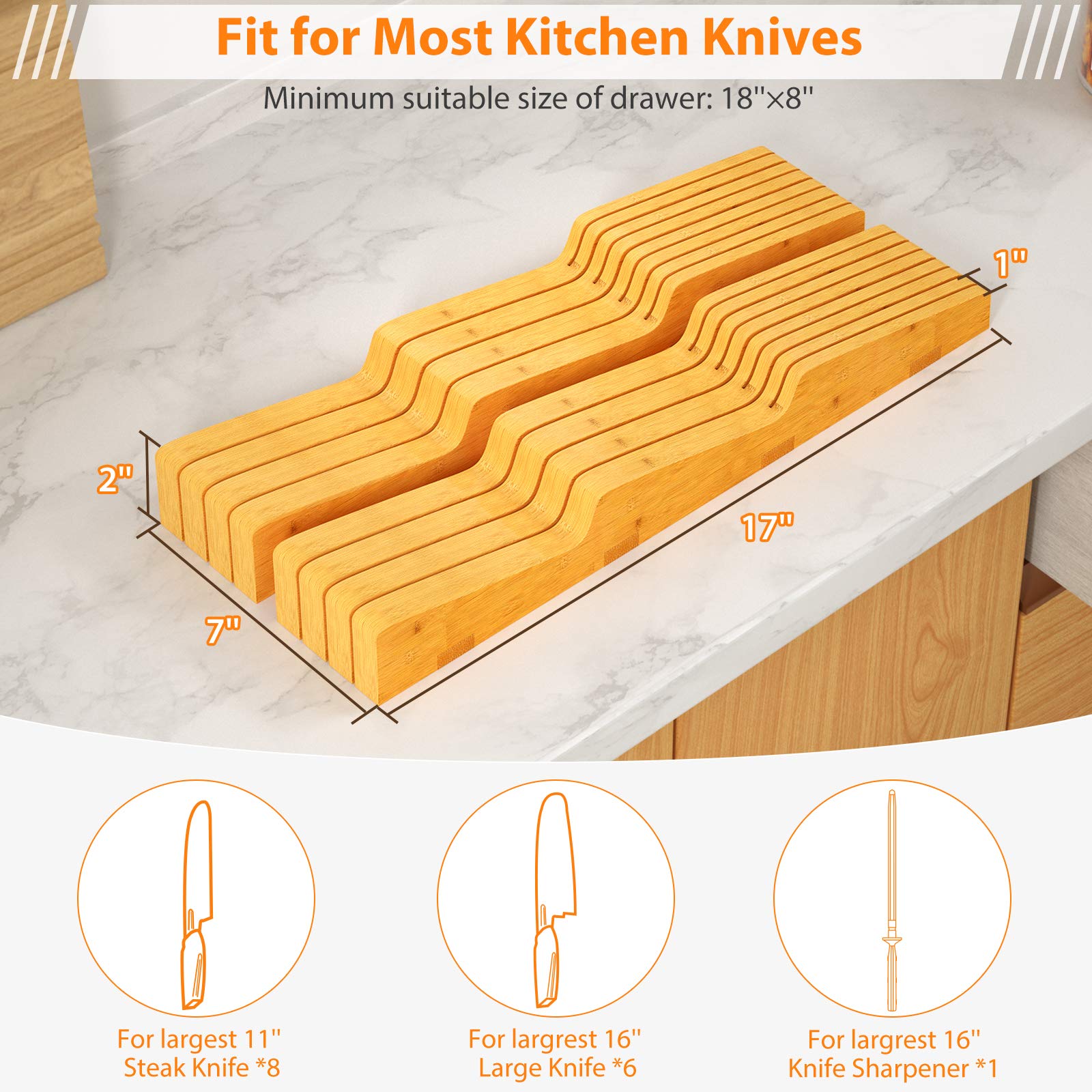 Bamboo Knife Block Drawer Organizer Insert In Drawer Knife Holder Storage for Kitchen Hold 14 Knives (Not Included) by FURNINXS