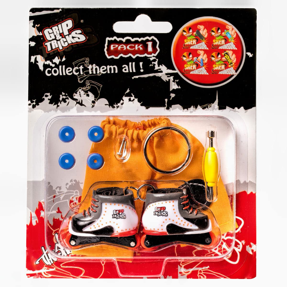 Grip and Tricks - Red Freestyle Inline Finger Skates with Finger Roller Skates Tools and Mini Fingerboards Accessories - Pack 1 Finger Toy for 6+ Years Old Kid