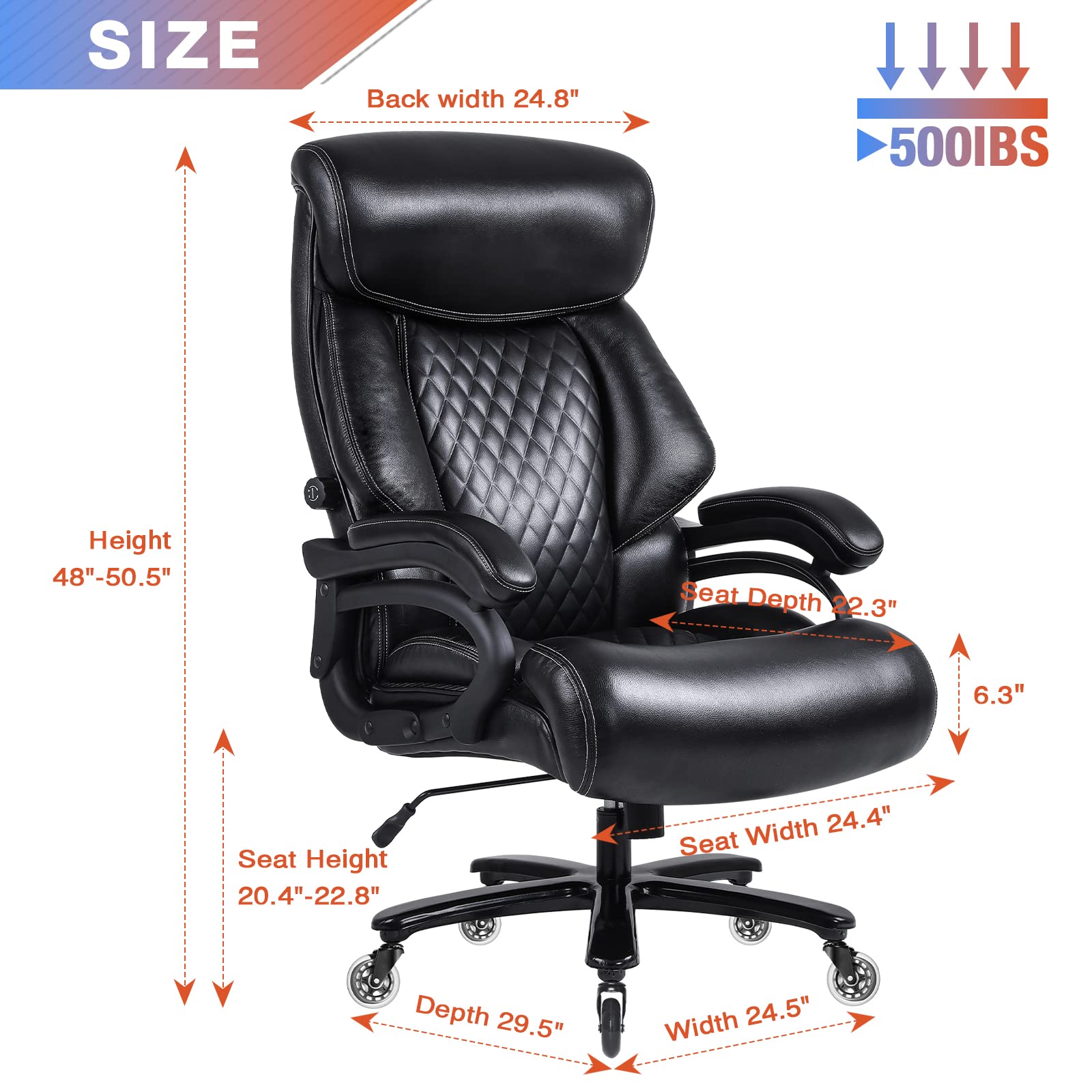 BOSMILLER Big and Tall Office Chair 500lbs for Heavy People with PU Wheels High Back Leather Executive Office Chair with Rocking Function