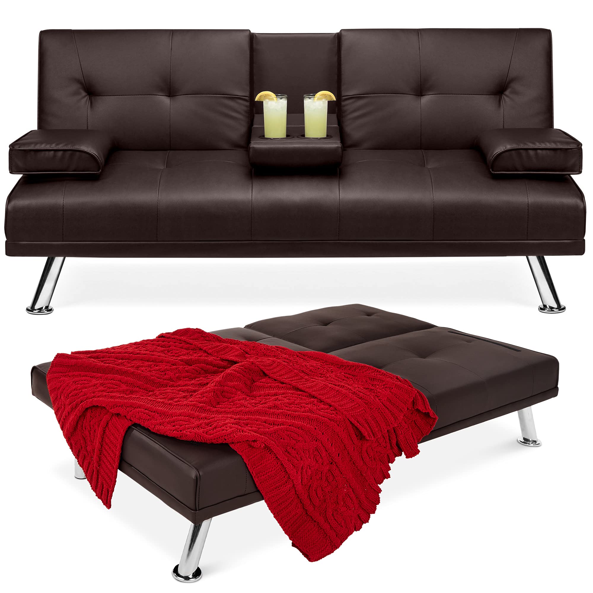 Best Choice Products Faux Leather Upholstered Modern Convertible Futon, Adjustable Folding Sofa Bed, Guest Bed w/Removable Armrests - Brown