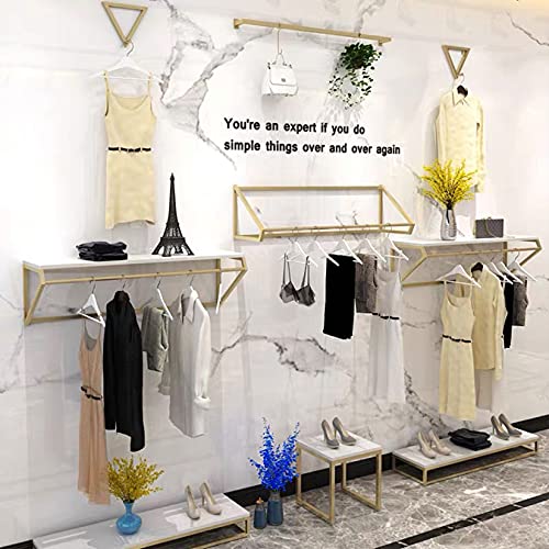 Ethemiable Clothing Store Modern Clothing Display Stands,Wall-Mounted Garment Rack with Wood,Storage Shoe Bag Metal Shelf,Organization Hanging Towel Rack(Gold, 39" L)